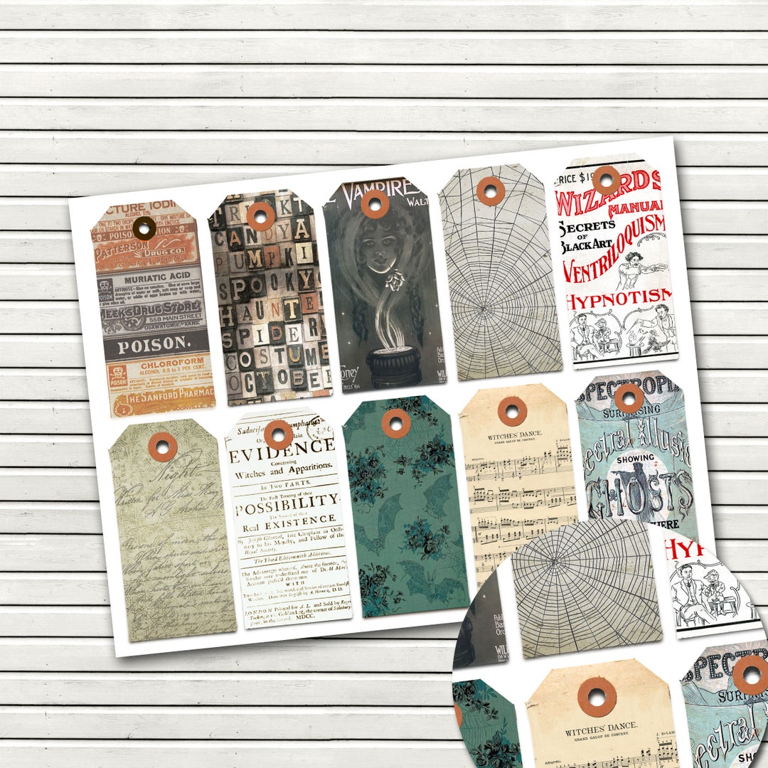 Spooky Halloween Tags Collage Sheet - Craft Hang Tags - Halloween Junk ...