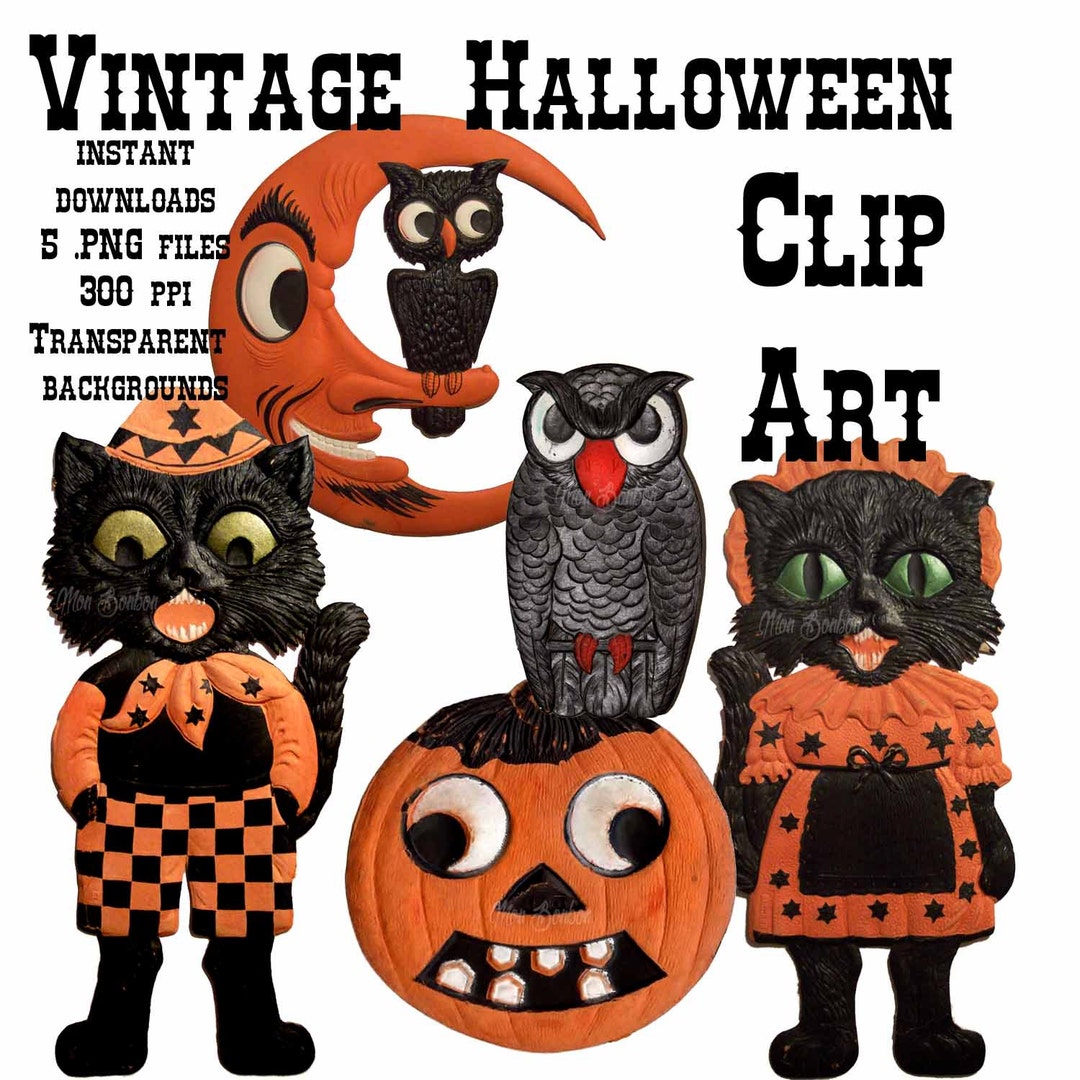 5 Vintage Halloween Clip Art Images .png - DIY Printable - INSTANT ...