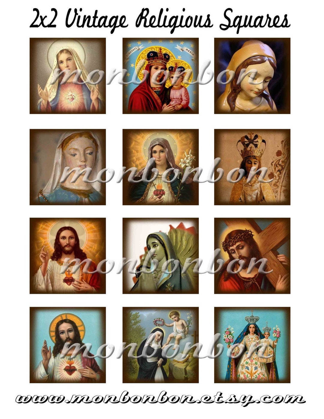 Digital Vintage Sacred Heart Jesus Mary Madonna 2x2 Inch Squares ...