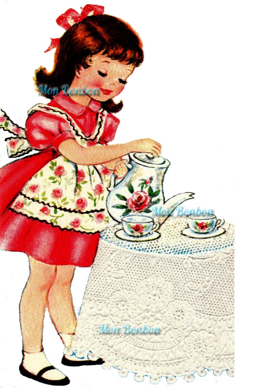 Cute Retro Tea Time Little Girl Illustration .png DIY - Etsy