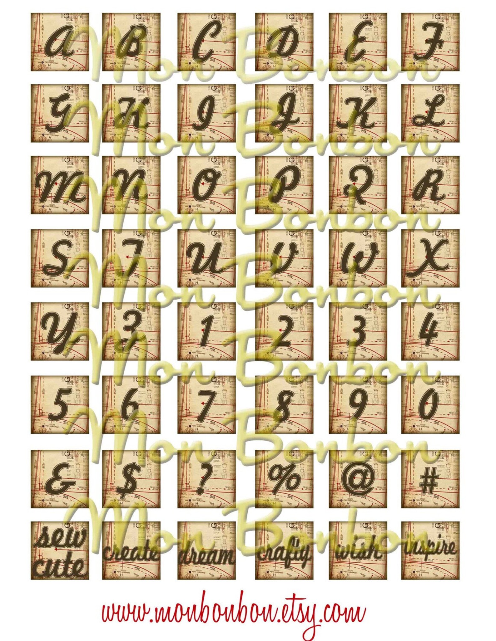 Digital Download of 48 Vintage Sewing Pattern Font Alphabet Inchies 1x1 ...