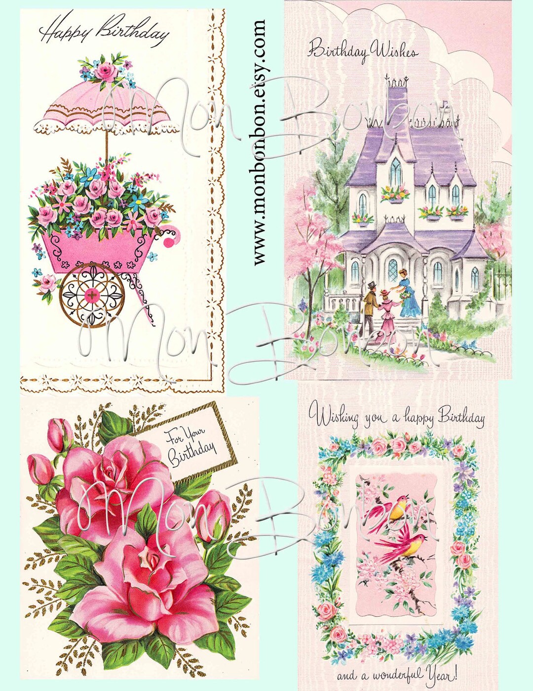 Vintage Retro Birthday Cards Digital Collage Sheet - DIY Printable ...