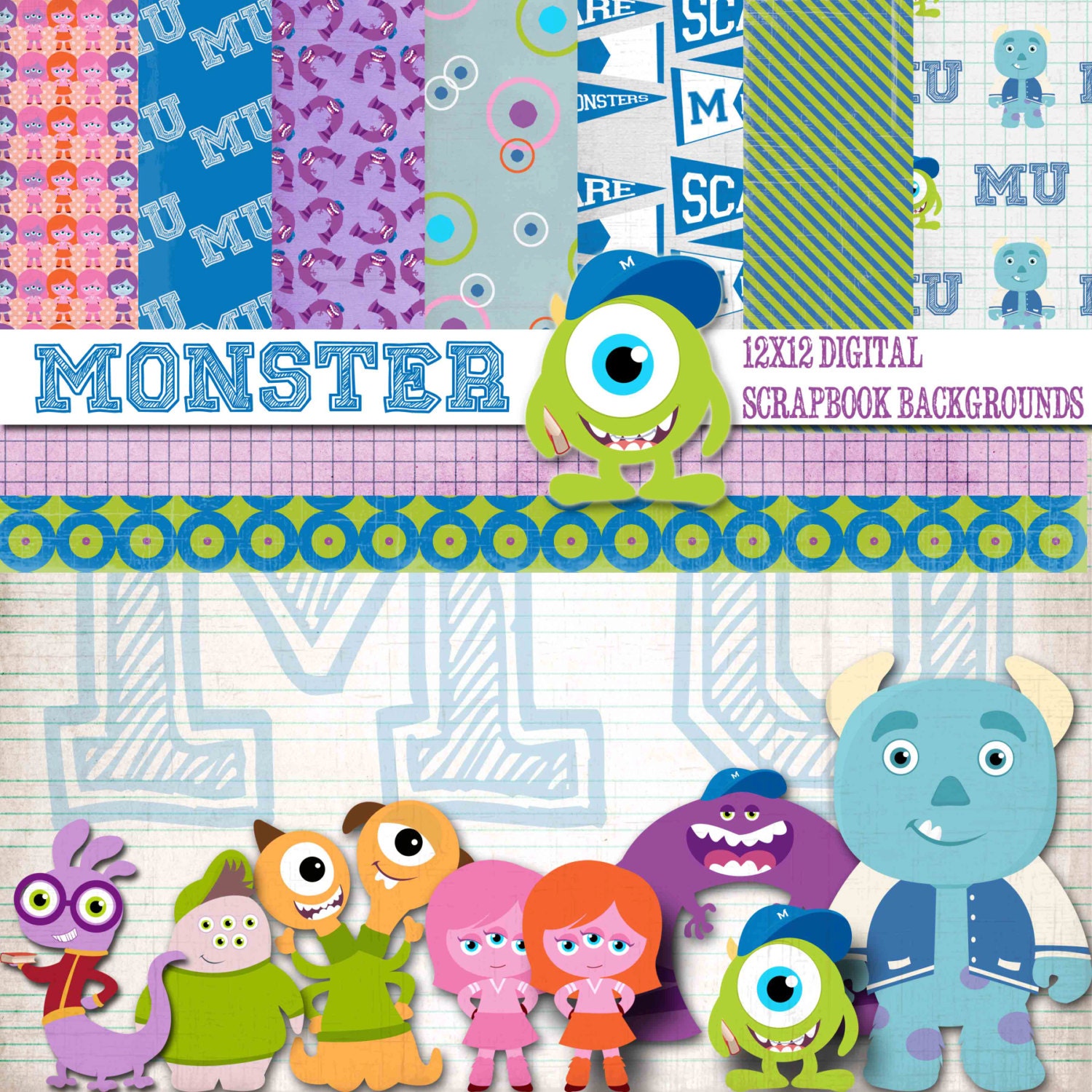Monster School 12x12 Digital Paper Backgrounds for Digital Scrapbooking ...
