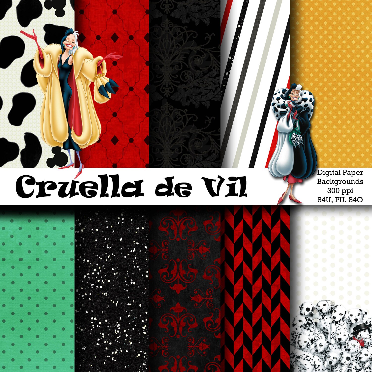 Cruella De Vil Inspired 12x12 Digital Paper Backgrounds for | Etsy