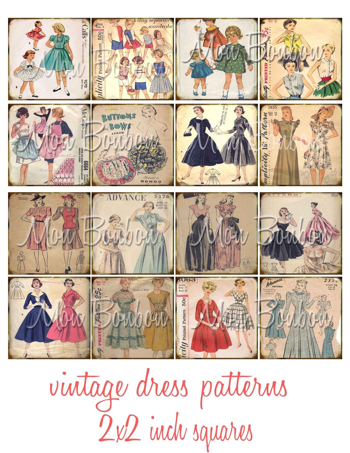 Vintage Sewing Dress Patterns 2x2 Inchies Digital Download | Etsy