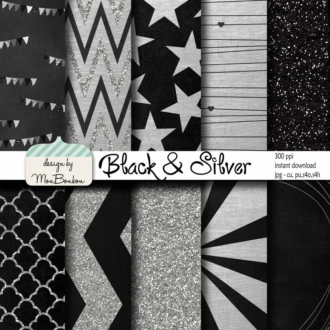 Black and Silver Digital Paper Pack - 12x12 -black, Silver Metallic ...