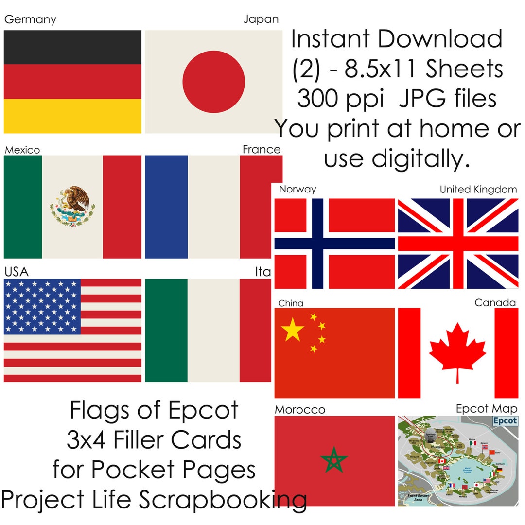 World Showcase - Flags of Epocot Digital Journal Cards - Epcot - for ...
