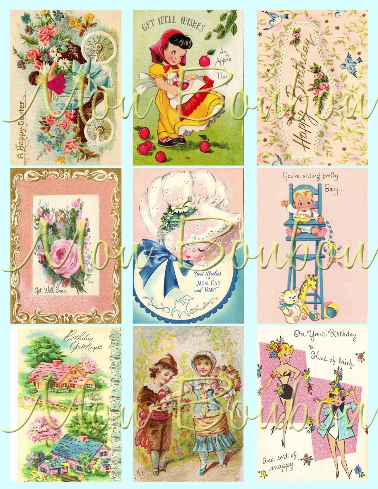 Digital Collage Sheet of Vintage and Retro Greeting Card and Postcard ...