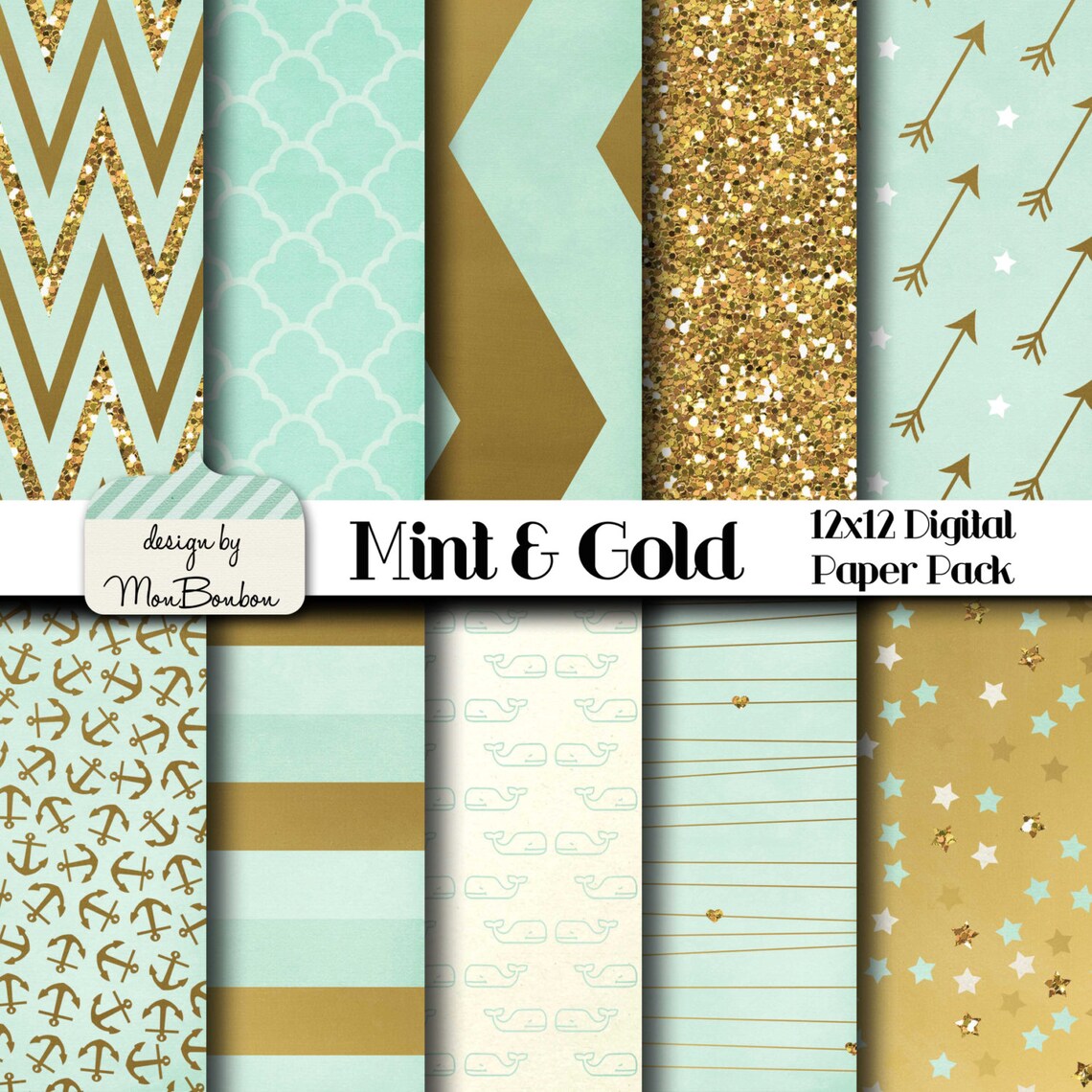 Mint & Gold Digital Paper Pack 12x12 mint Cream Gold | Etsy
