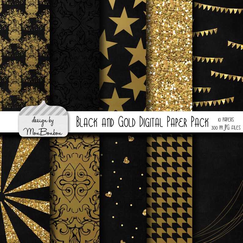 Black & Gold Digital Paper Backgrounds Pack 12x12 black and - Etsy