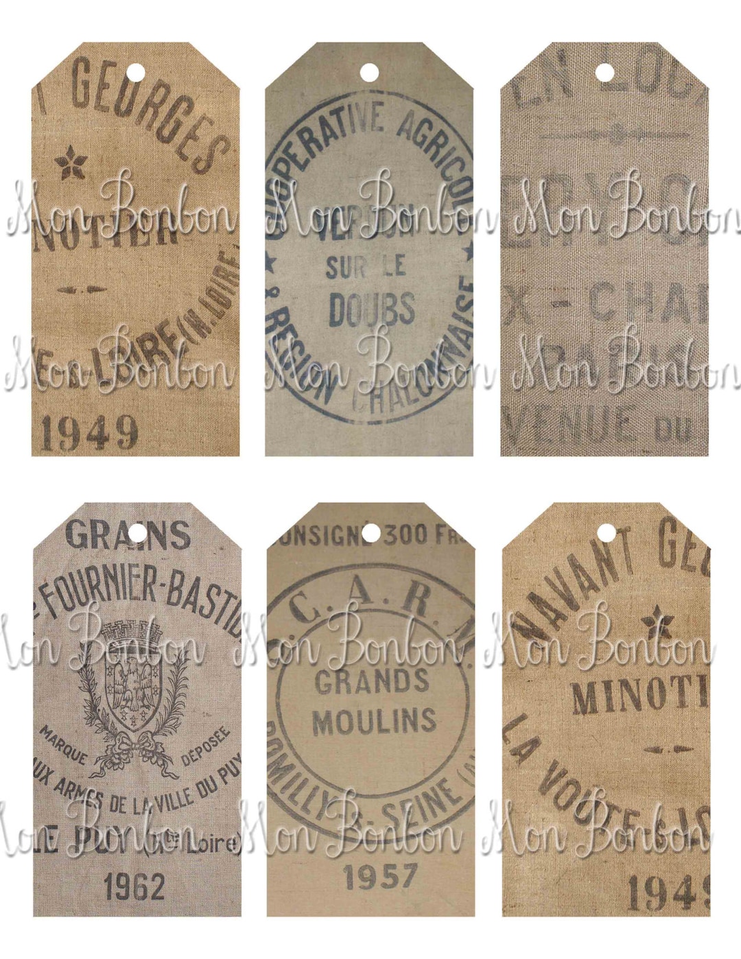 Digital Collage Sheet of Vintage French Burlap Shipping Tags Collage ...
