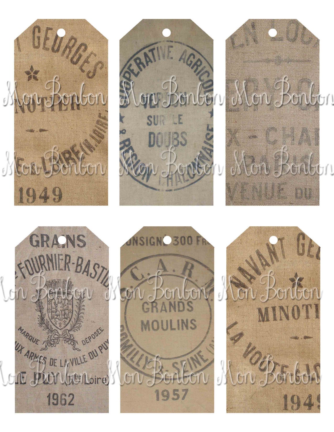 Digital Collage Sheet of Vintage French Burlap Shipping Tags - Etsy
