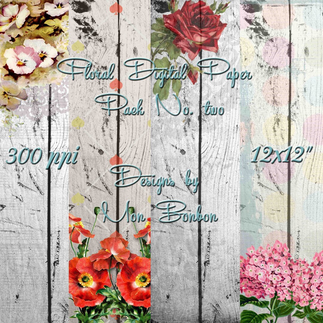 Four 12 X 12 Vintage Shabby Floral Paper Backgrounds Digital ...
