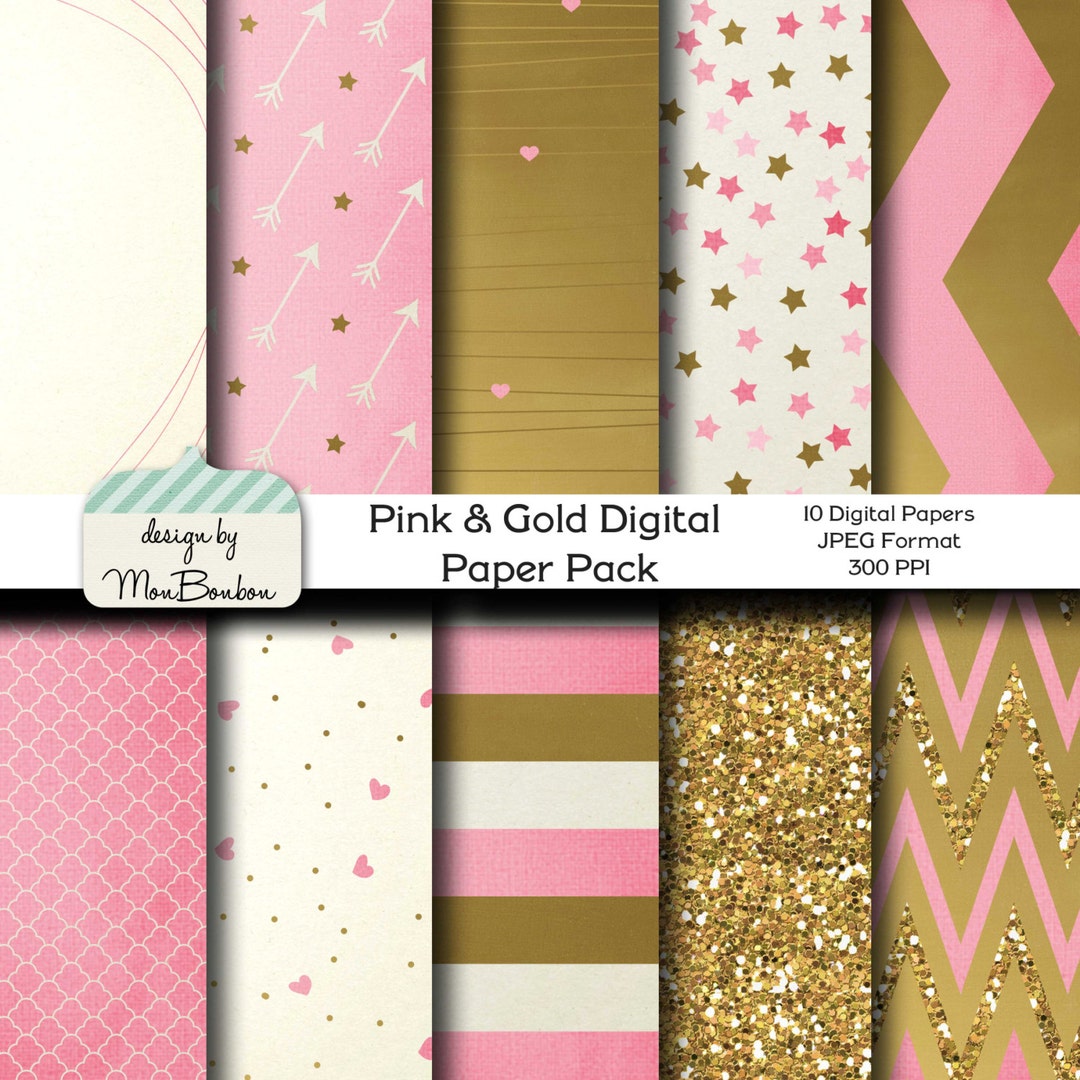 Pink & Gold Digital Paper Backgrounds Pack - 12x12 -pink, Cream, Gold ...