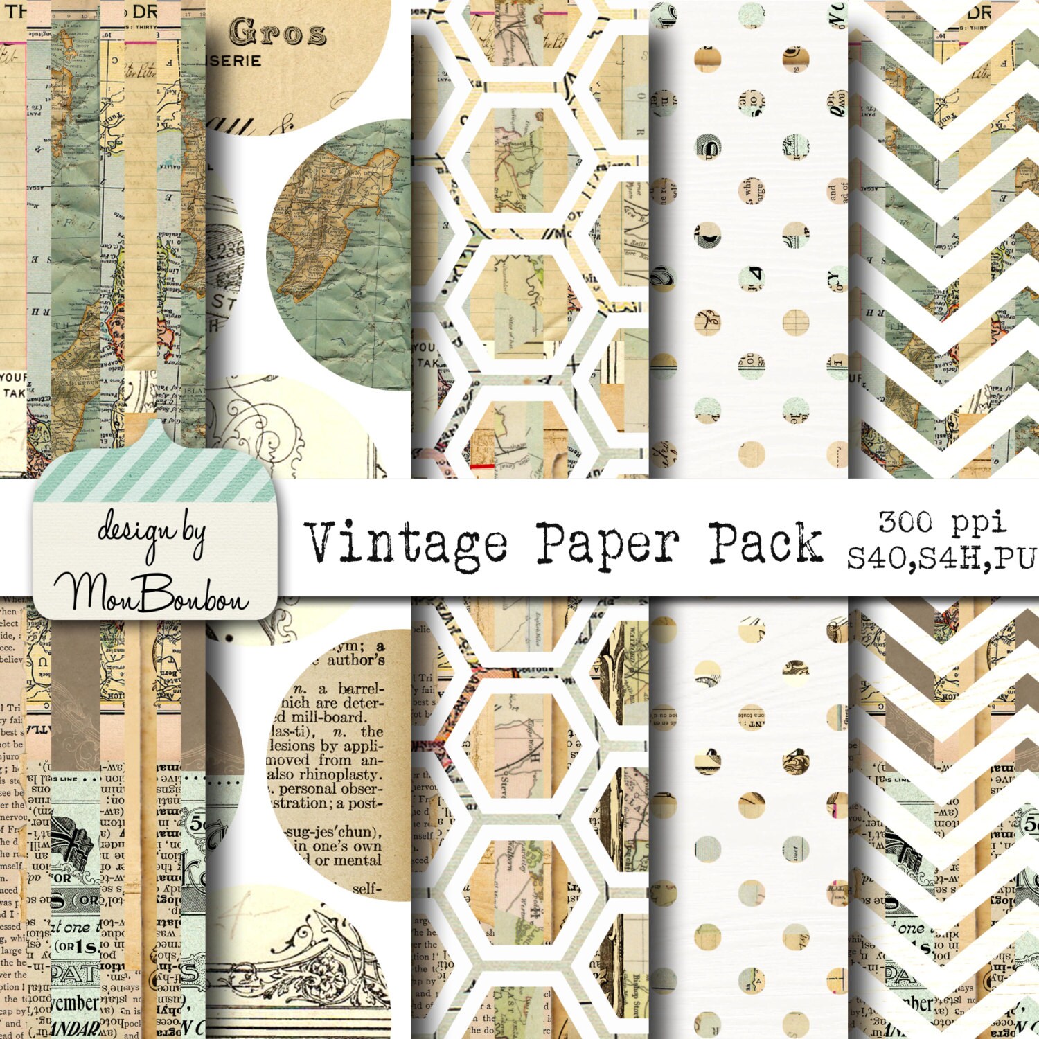 Vintage Ephemera Digital Paper Backgrounds Pack - 12x12 - INSTANT ...