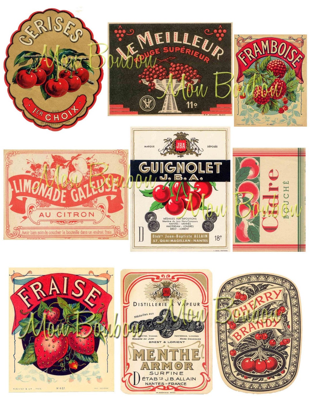 Vintage Fruit, Cherries, Strawberries Label Ephemera Digital Collage ...