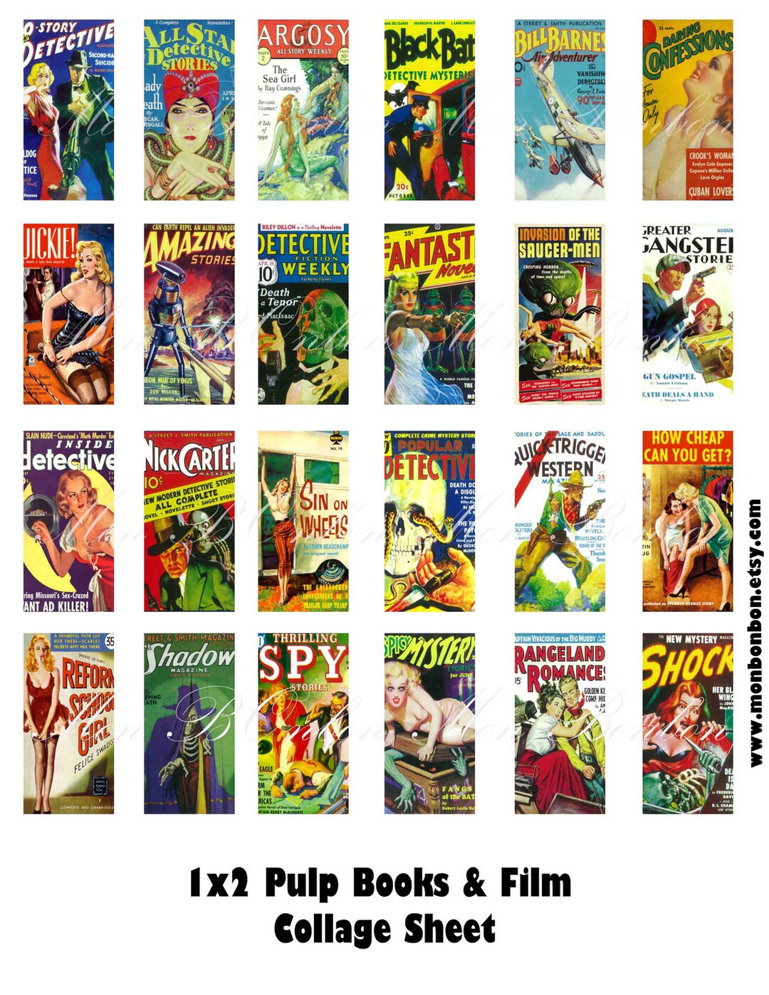 Vintage Pulp Fiction Books and Film Digital Collage Sheet 1x2 Inchies ...