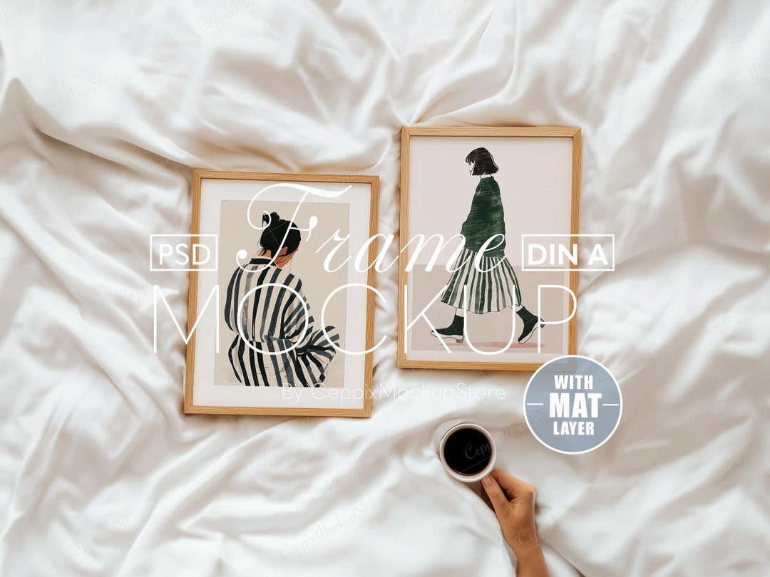 2 Frame Mockup Person Hand Gallery Set, Two 2 Frames for Bundle on Bed ...