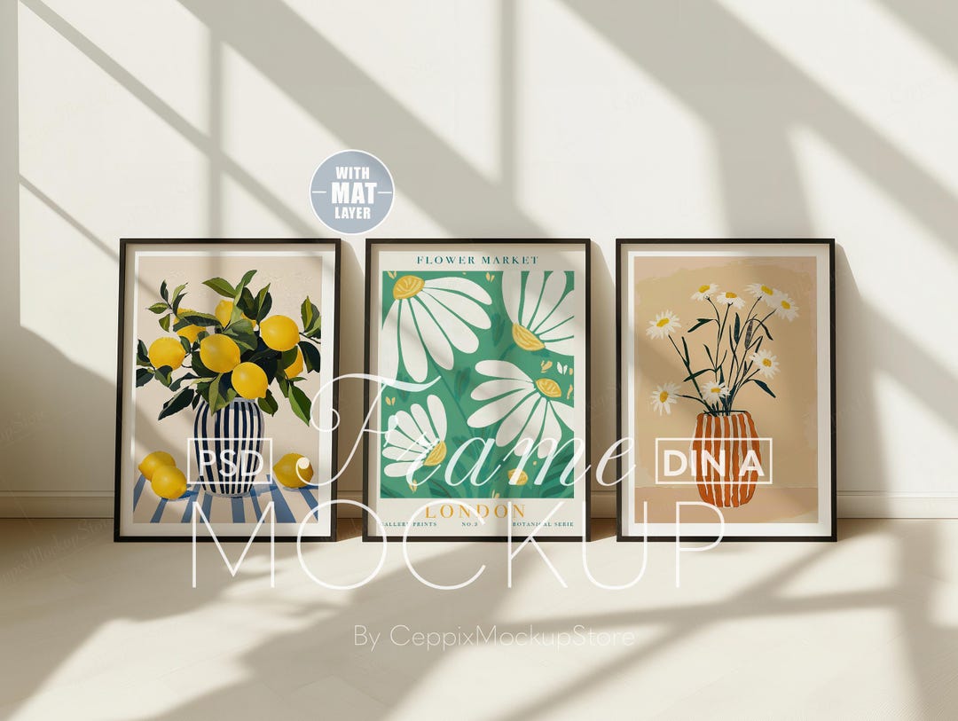 Set of 3 Frame Mockup, Black Leaning Wall Gallery, Multiple Three 3 ...
