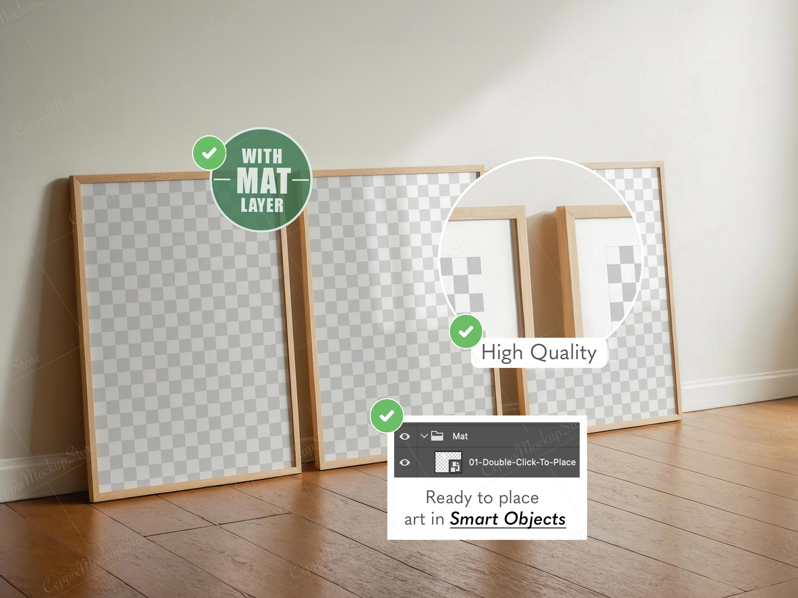 Set of 3 Frame Mockup, Leaning on Wall Gallery, Multiple Three 3 Bundle ...
