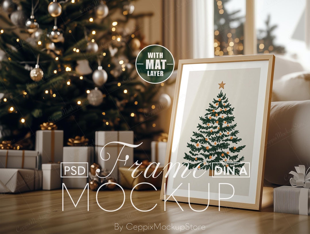 Christmas Frame Mockup, Winter Frame Template Glass Thin Light Wood ...