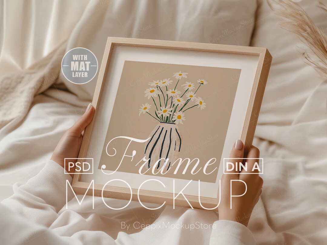 Square Frame Mockup With Person, 1x1 Realistic Hand, Bed Minimal Poster ...