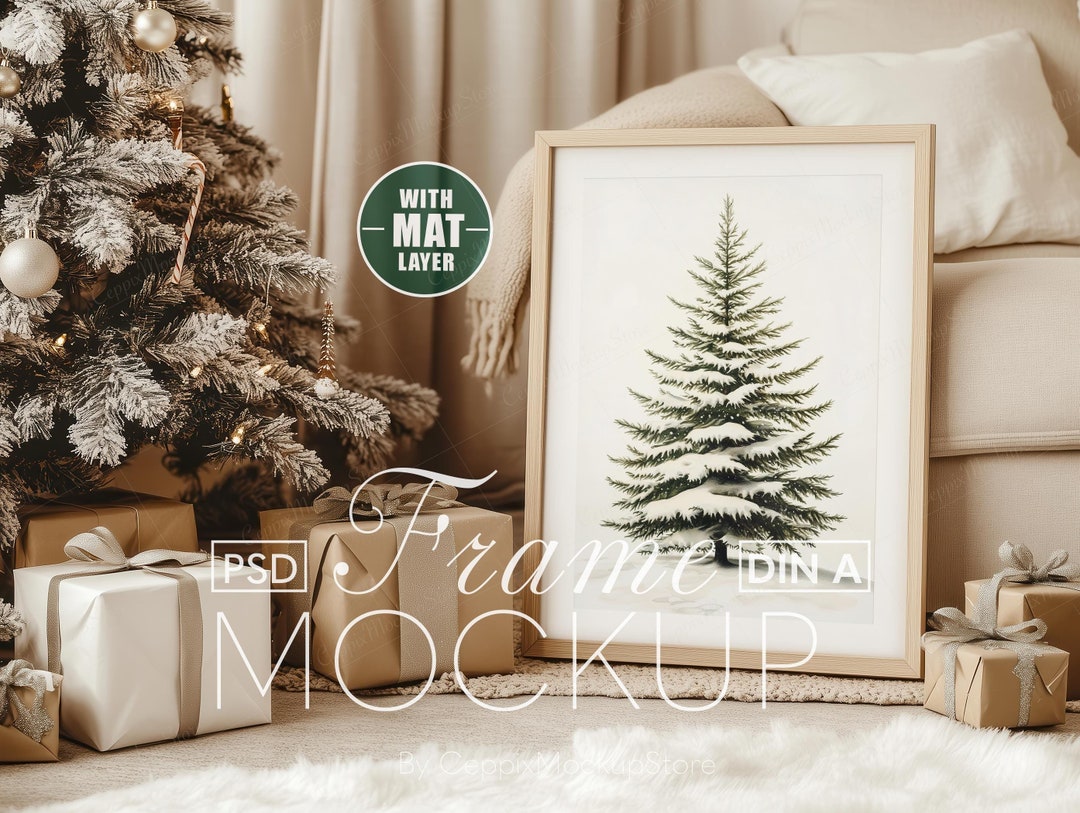 Christmas Frame Mockup, Winter Frame Template Glass Thin Light Wood ...