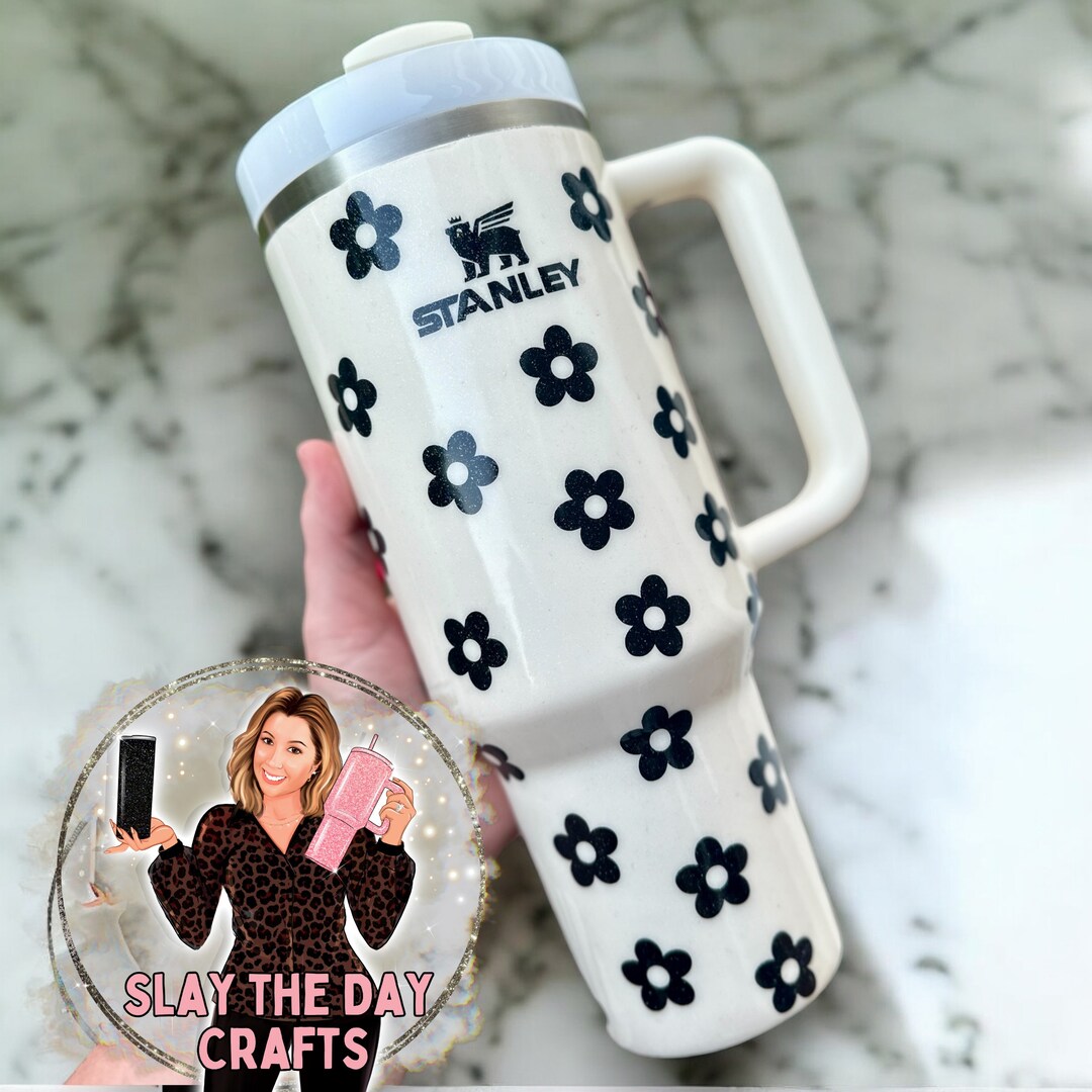 Floral Tumbler: Cream & Black Flower Design Custom Epoxy-free Hydrojug ...