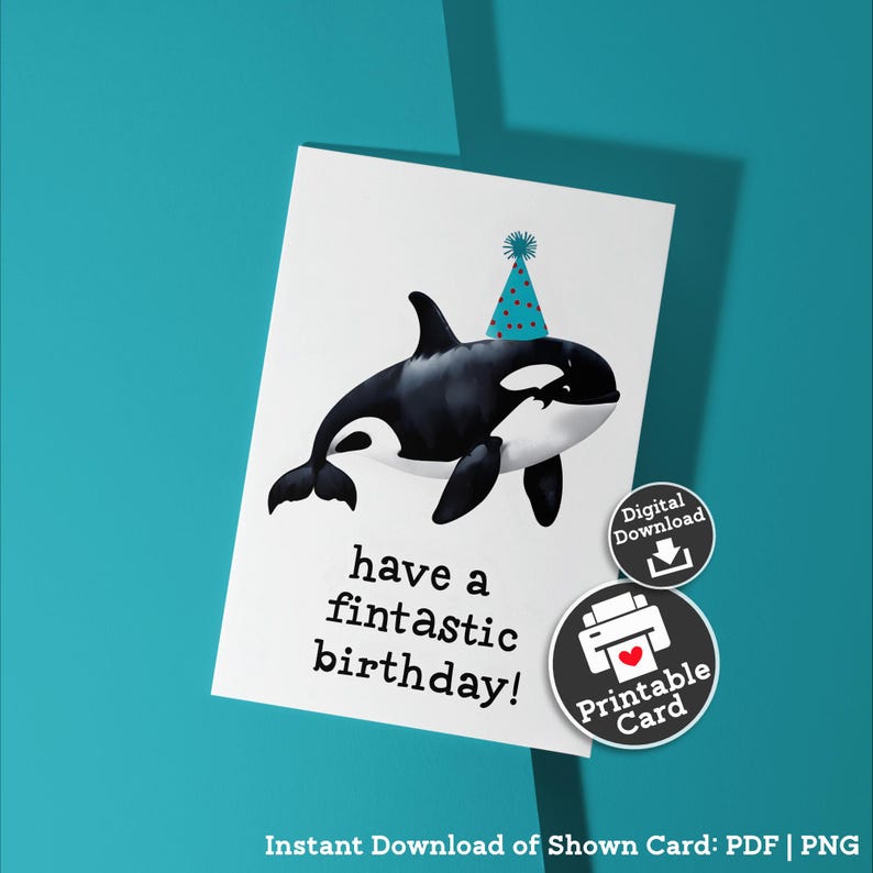 Printable Whale Birthday Card Orca Lover Gift Kid Aquarium Party Marine ...
