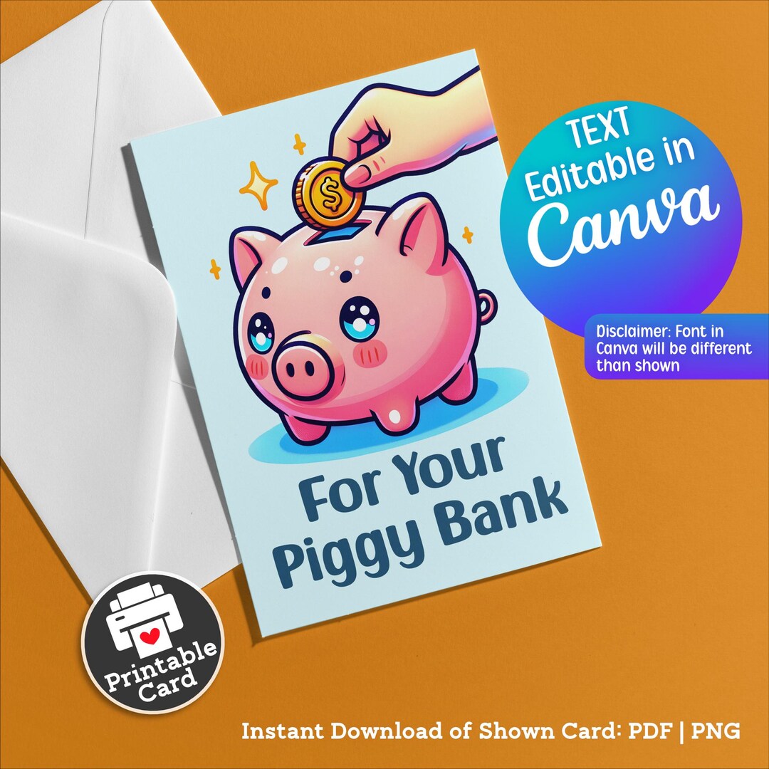 Printable Piggy Bank Greeting Card for Money Gift Adorable Gift Card ...