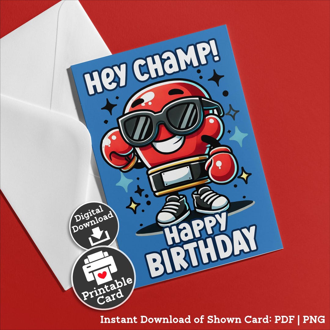 Printable Boxing Birthday Card: Boxer Coach Gift Gym Gloves Champ ...