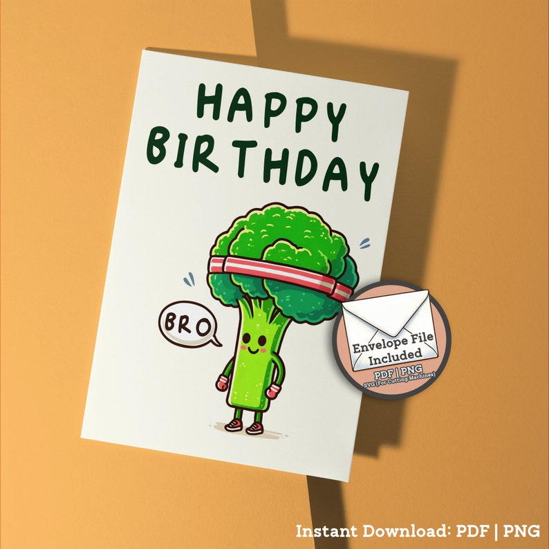 Printable Birthday Card Punny Vegetable Kawaii Broccoli Card Bruh for a ...