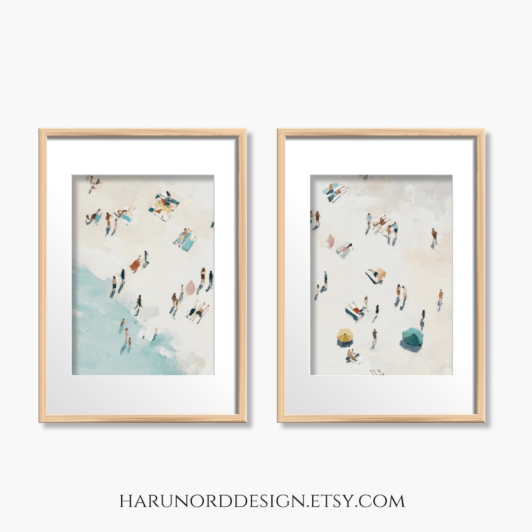 Pastel People on the Beach Diptych Prints, Soft Summer Wall Art Set of ...