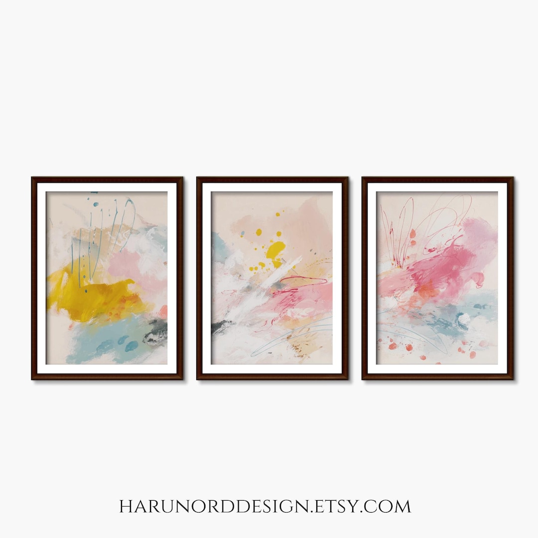 Colorful Abstract Triptych Art - Pink Yellow Blue Splash Prints for ...