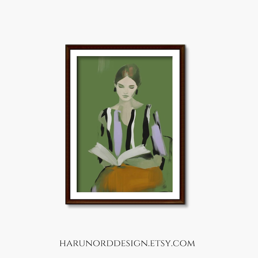 Woman Reading Book Art: Modern Green Printable for Book Lovers_808 - Etsy
