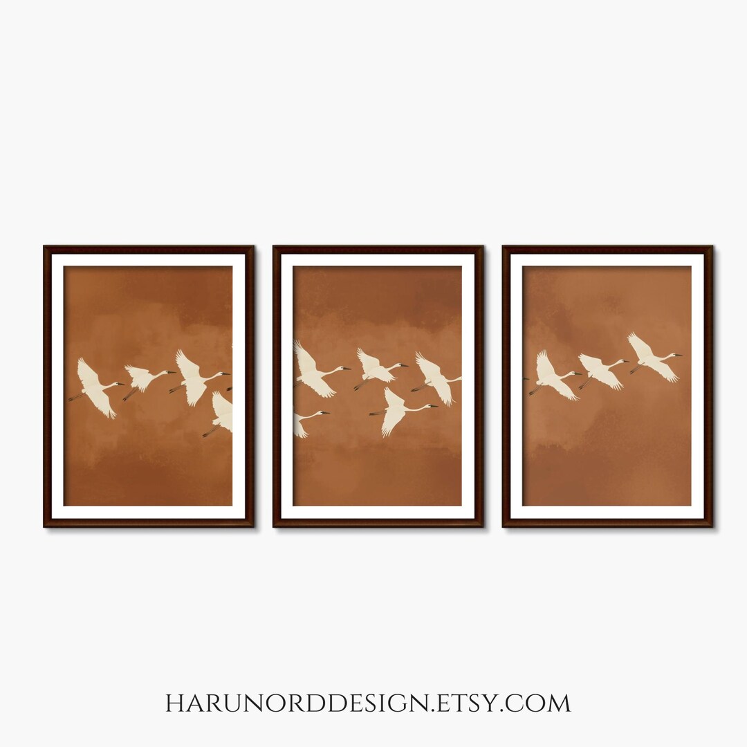 Japandi Crane Triptych: Earth Tone Bird Prints, Minimalist Wall Art ...