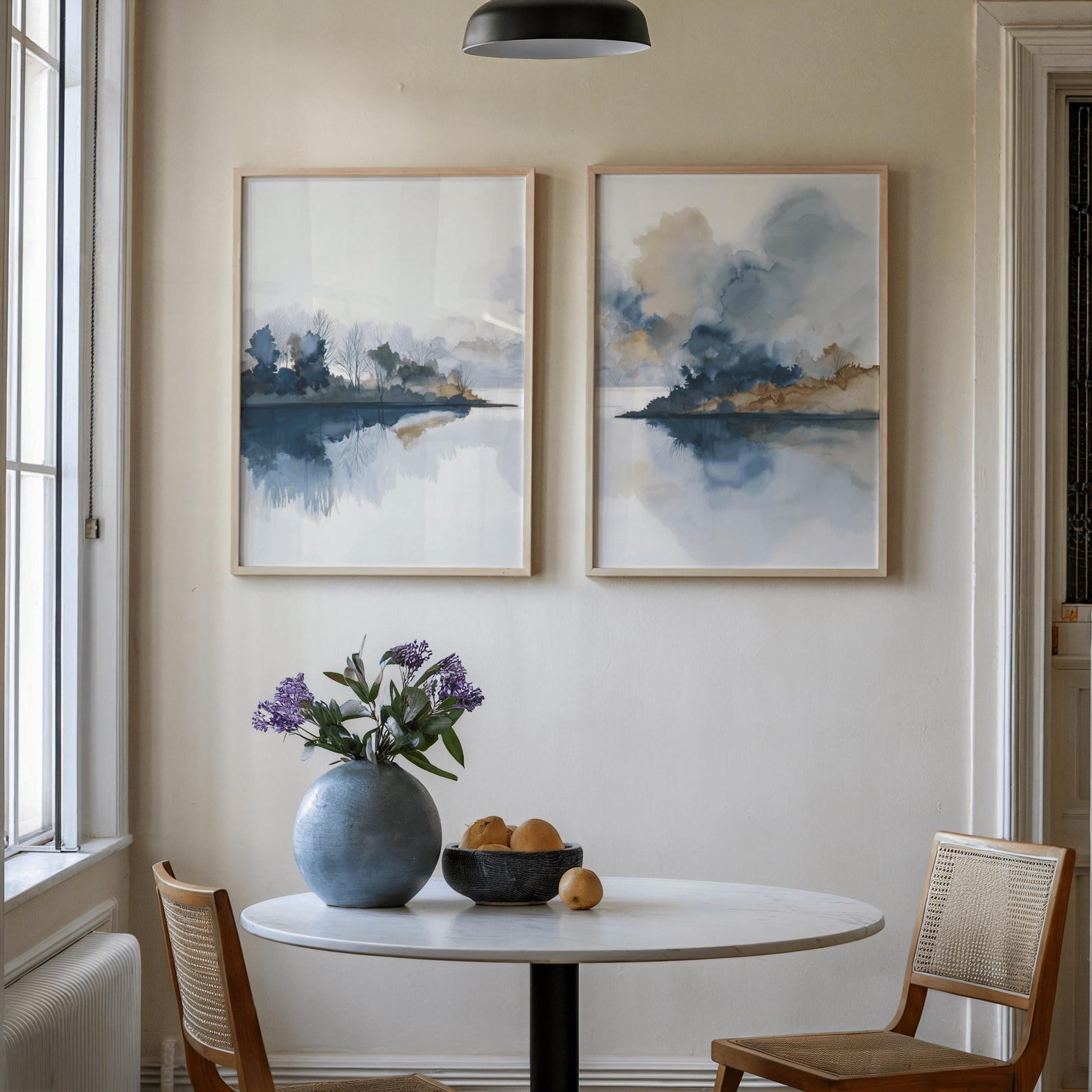 Watercolor Landscape Diptych Prints: Beige and Navy Blue Forest Lake ...