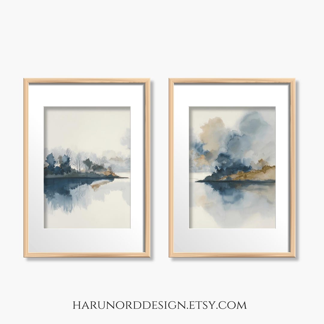 Watercolor Landscape Diptych Prints: Beige and Navy Blue Forest Lake ...