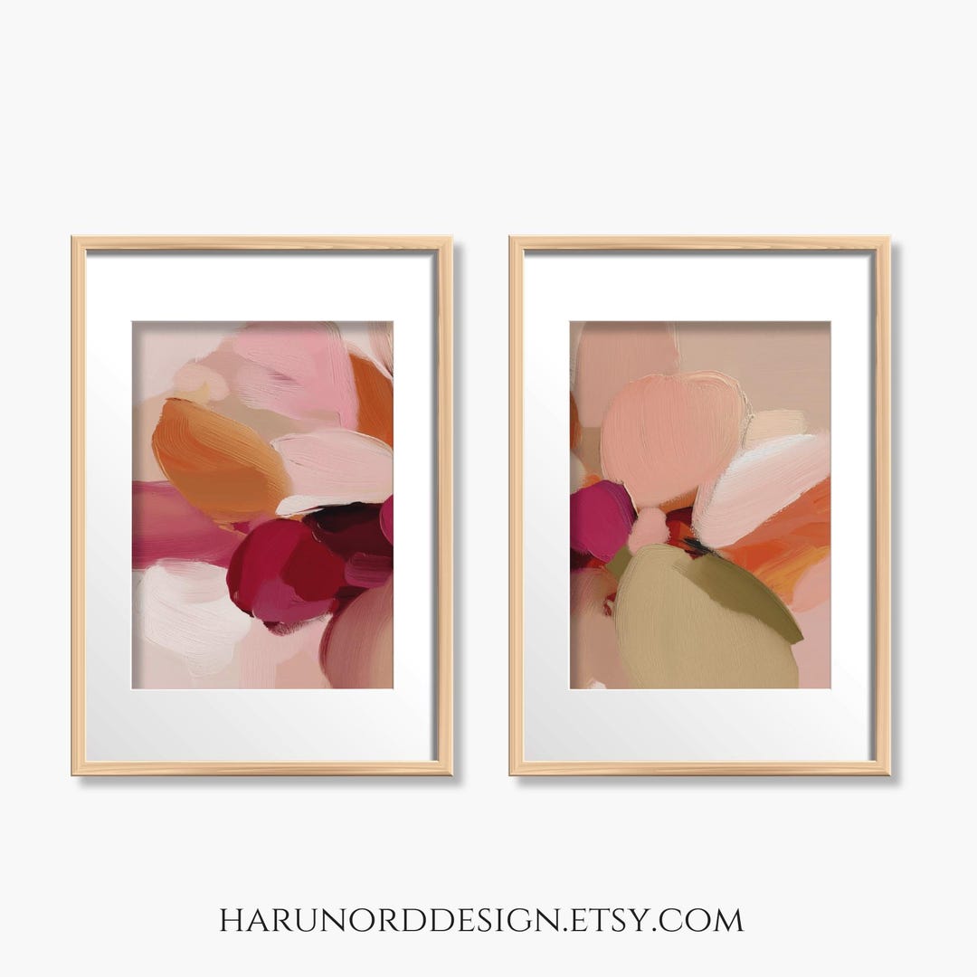 Pink Abstract Floral Diptych Prints, Oil Painting Style Wall Art Set of ...