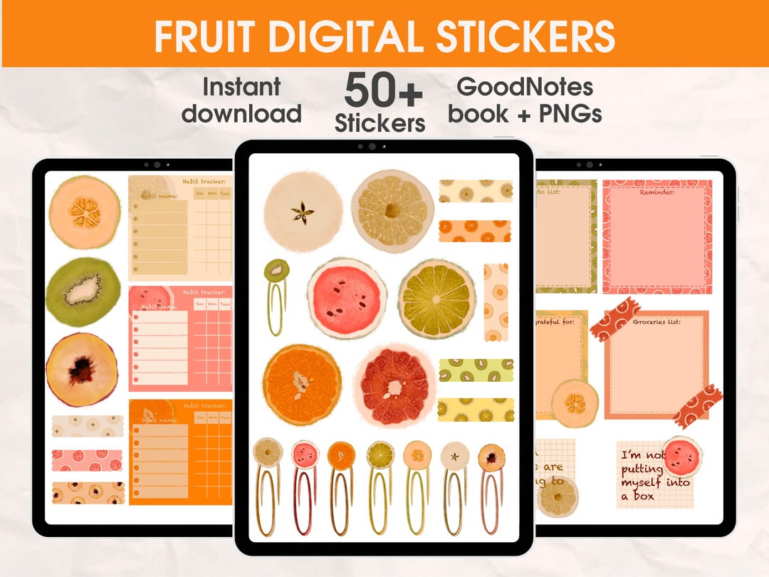 Kawaii Fruit Digital Stickers, Functional Goodnotes Stickers, Cute ...