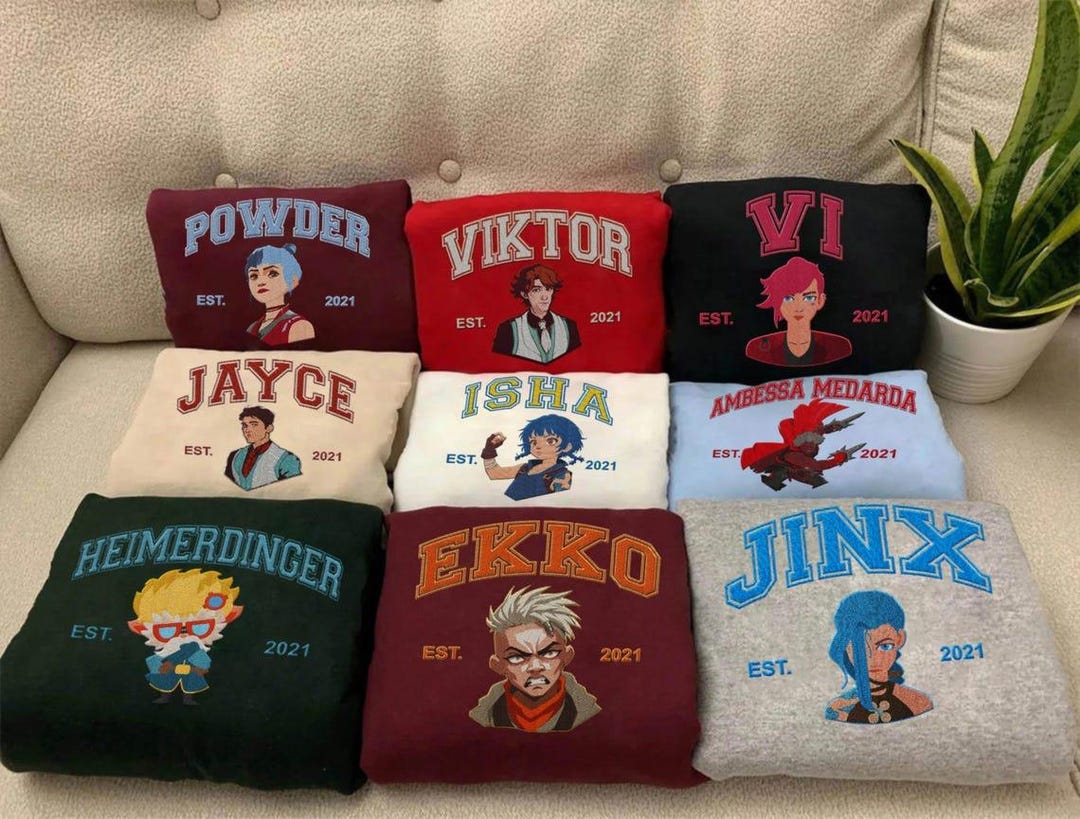 Arcane League of Legends Sweatshirt, Jinx Vi Powder Viktor Crewneck ...