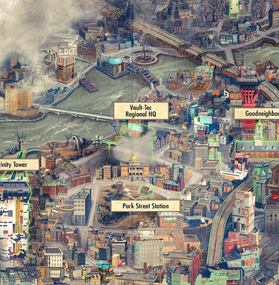 Fallout Nuka World Map Poster Print, Nuka Town Wall Art, Rolled Canvas ...