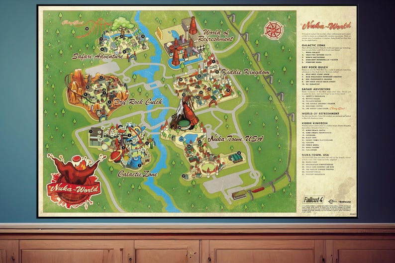 Fallout Nuka World Map Poster Print, Nuka Town Wall Art, Rolled Canvas ...