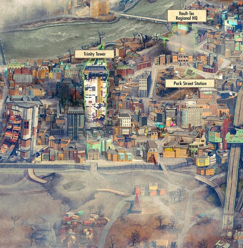 Fallout Nuka World Map Poster Print, Nuka Town Wall Art, Rolled Canvas ...