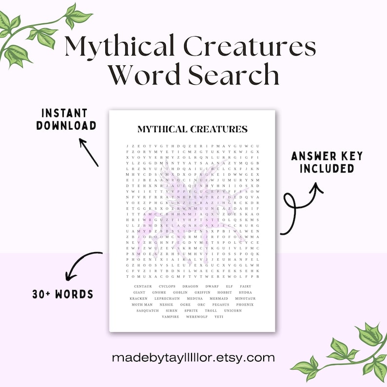 Mythical Creatures Word Search - Printable - Etsy