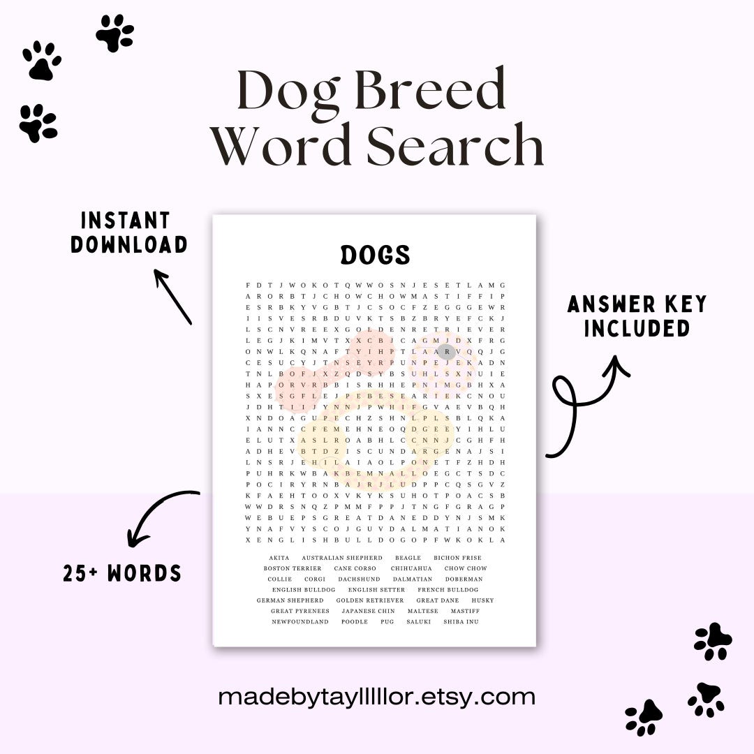 Dog Breed Word Search - Printable - Etsy