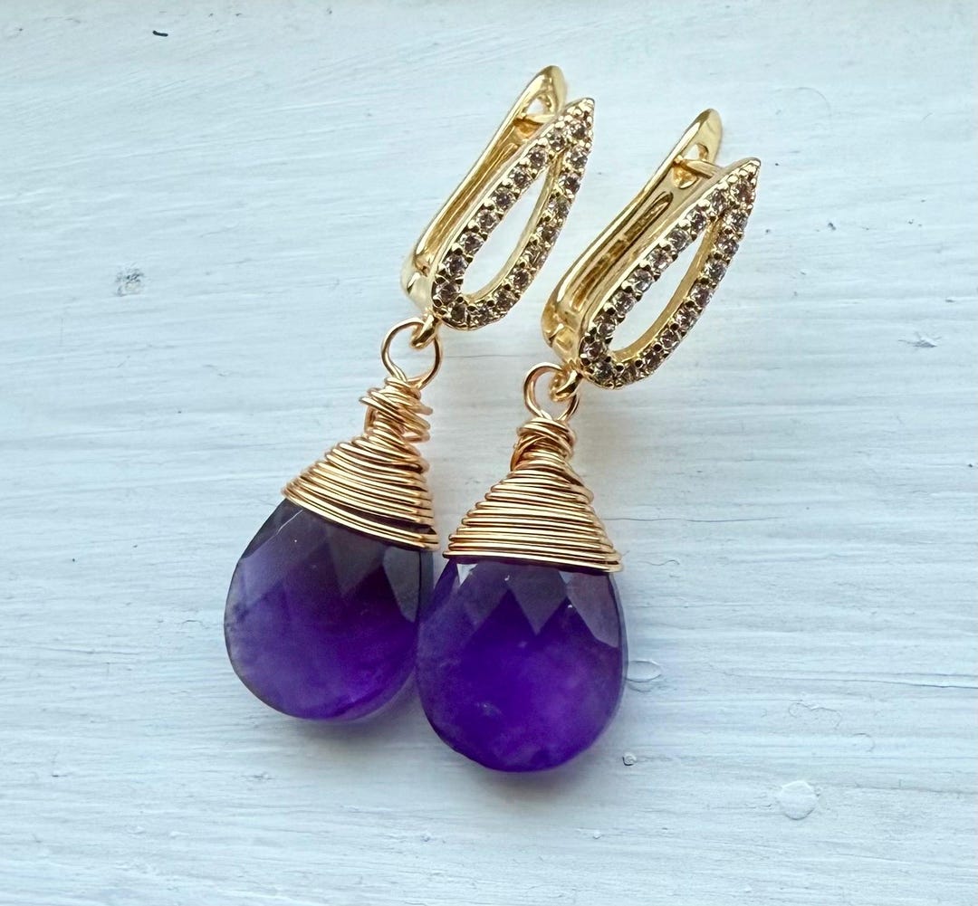 Amethyst Earrings Gold, Purple Stone Dangle Lever Back Earrings ...
