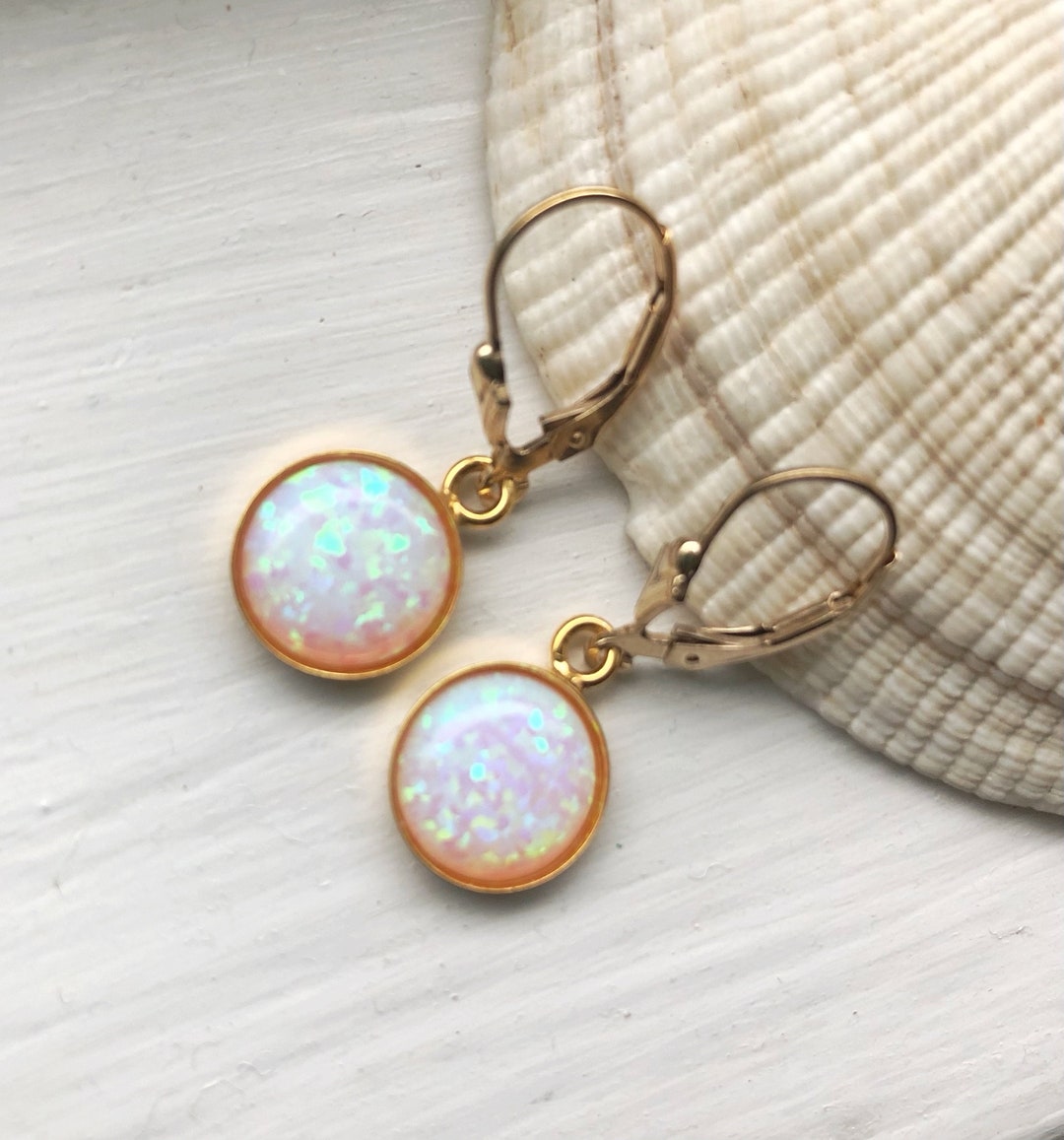 White Opal Earrings Gold, Leverback Earrings, Opal Dangle Earrings ...