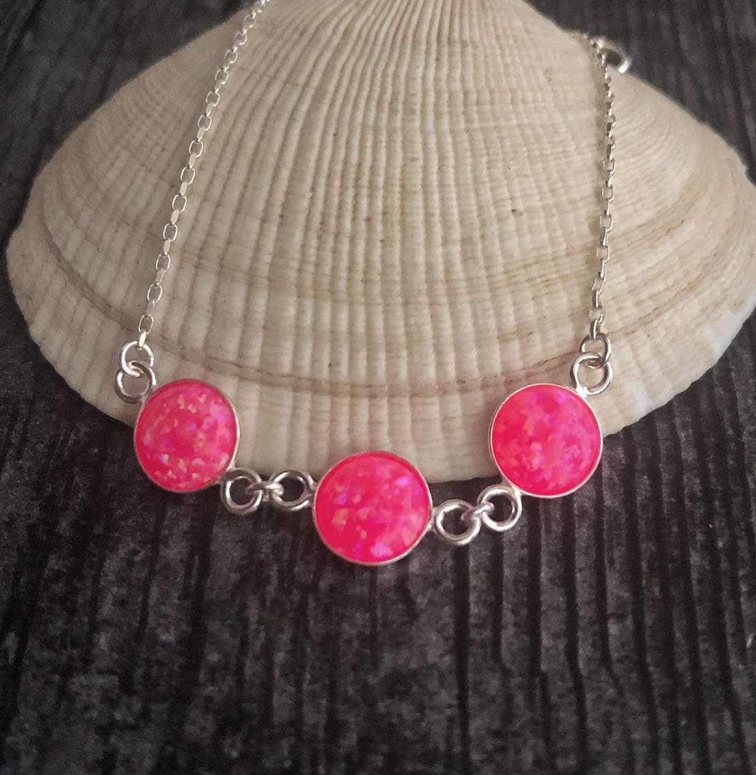 Hot Pink Opal Necklace Sterling Silver, 8mm 3 Stones Pendant Necklace ...