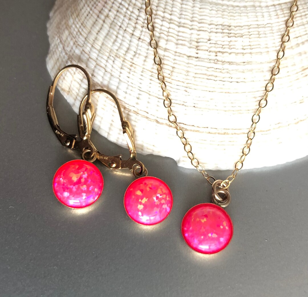 Hot Pink Opal Necklace Earrings Jewelry Set, Coin Opal Necklace, Hot ...